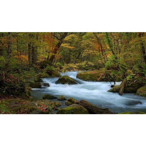 Картина на холсте 60x110 LinxOne "Осень река лес пейзаж" интерьерная для дома / на стену / на кухню / с подрамником