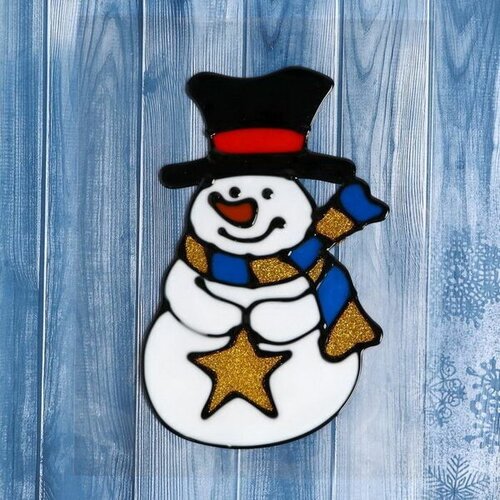 Наклейка на стекло "Снеговик в полосатом шарфе со звездой" 9.5х15 см