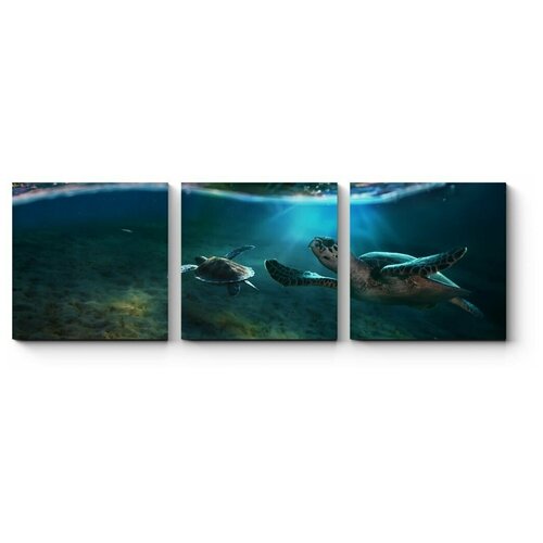 Модульная картина Зеленые черепахи, плывущие под волной200x67