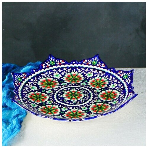 Ляган восьмиконечный, 41 см, синий, блюдо из керамики, узбекская посуда, тарелки для сервировки