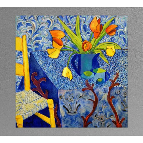 Картина для интерьера "Синий фон" Элиза Боунер 60х60 см натуральный холст. Коллекция - натюрморт, кубизм, пейзаж, мексиканская живопись.
