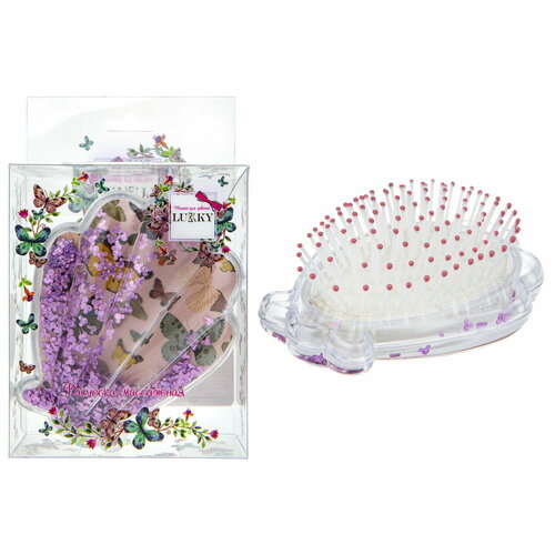 Расчёска массажная Lukky в виде ракушки "Бабочки" с блестящими конфетти внутри, фиолетовый