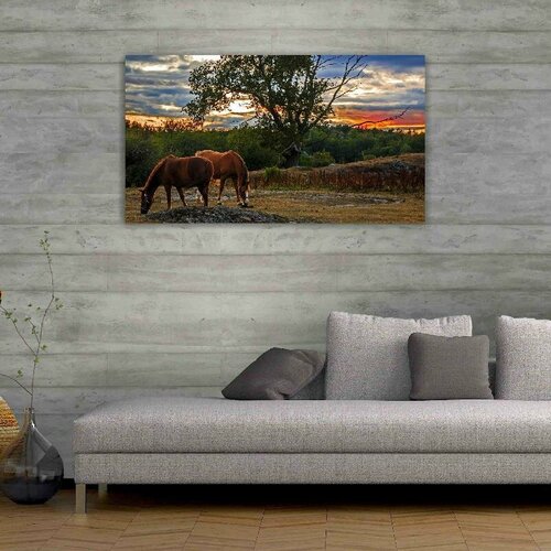 Картина на холсте 60x110 LinxOne "Две коричневых лошади пасутся" интерьерная для дома / на стену / на кухню / с подрамником