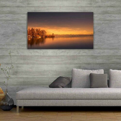 Картина на холсте 60x110 LinxOne "Река дом лес" интерьерная для дома / на стену / на кухню / с подрамником