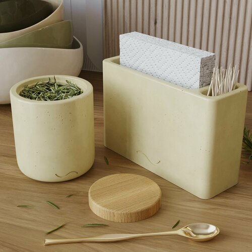 Набор для кухни Musko 23 (салфетница Lina, емкость для сыпучих продуктов Astrid S с деревянной крышкой), бетон, кремовый глянцевый