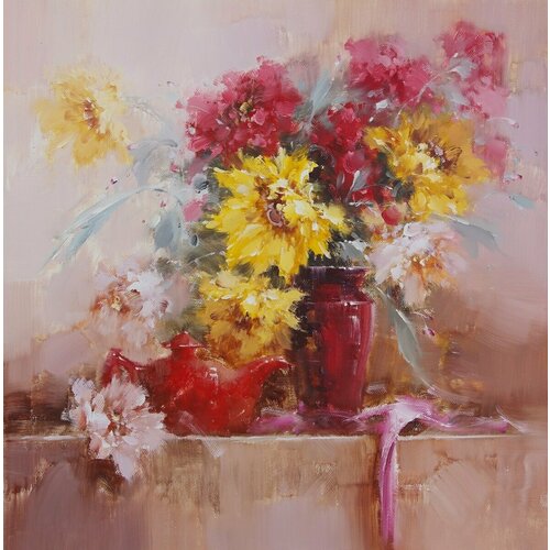 Картина маслом "Цветы и красный чайник" 75х75см
