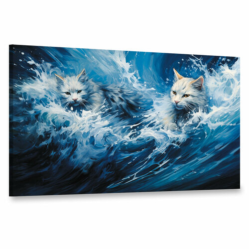 Интерьерная картина 100х60 "Синие коты в бушующем океане"