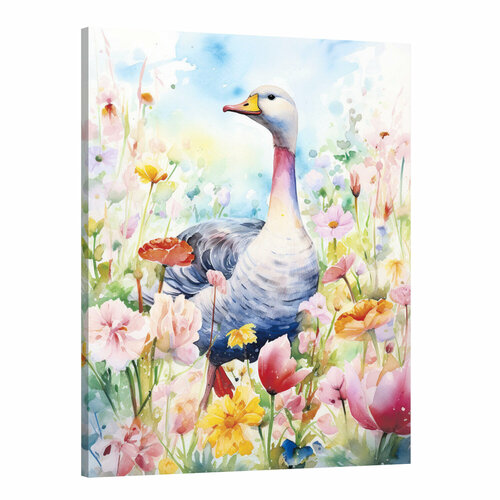Интерьерная картина 50х70 "Гусь среди ярких цветов и птиц"