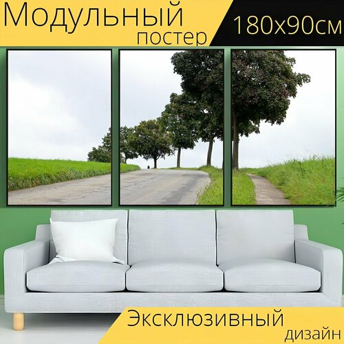 Модульный постер "Проспект, дорога, деревья" 180 x 90 см. для интерьера