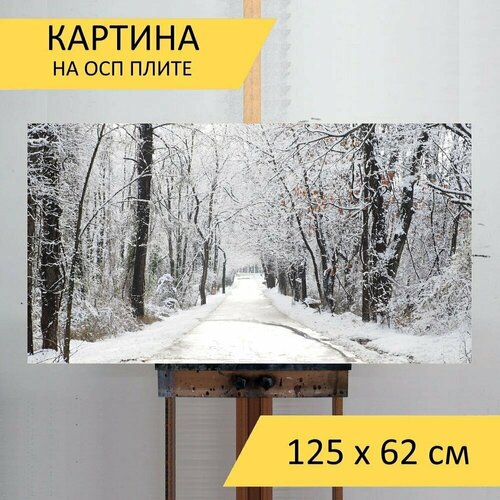 Картина на ОСП 125х62 см. "Белый, снег, дорога" горизонтальная, для интерьера, с креплениями