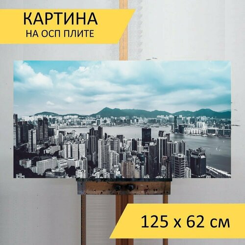 Картина на ОСП 125х62 см. "Город, небо, архитектура" горизонтальная, для интерьера, с креплениями