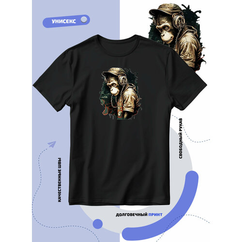 Футболка шимпанзе в кепке футболке и наушниках, размер XL, черный
