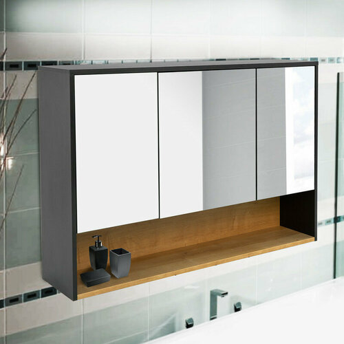 Шкаф для ванной столплит BORNEO СБ-3178 трехдверный, с зеркалом, ЛДСП, нежный черный, 120х75х25 см