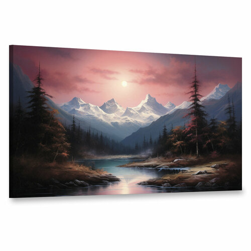 Интерьерная картина 100х60 "Горы и луна: романтический взгляд"
