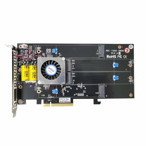 Areca ARC-1686-4NOD PCIe 4.0 x8 Full Height, 4 x M.2 Connector, Tri-mode interface at each M.2 bays - 12Gb/s SAS/SATA / Gen 4.0 PCIe (NVMe), RAID 0,1,10, JBOD, Hold-up Supercapacitor Onboard, RTL ARC-1686-4NOD