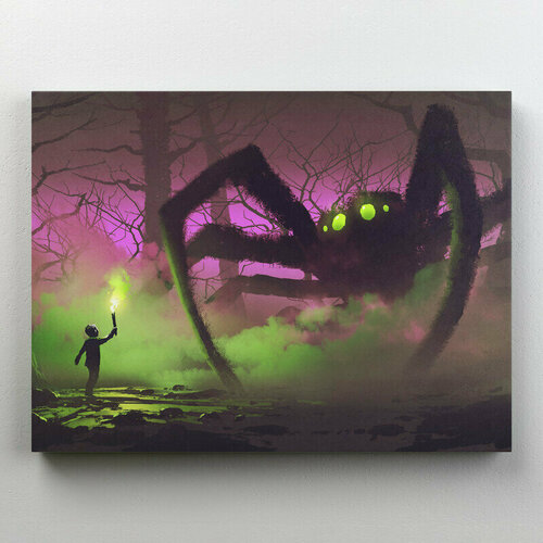 Интерьерная картина на холсте "Паук в сказочном лесу и мальчик" размер 30x22 см