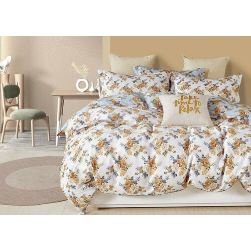 2 спальное постельное белье сатин двустороннее кремовое с цветами