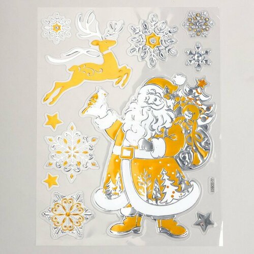 Наклейка пластик Дед Мороз с подарками и олень серебристо-золотая 24х33 см