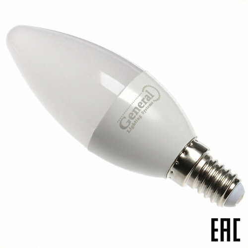Лампа светодиодная "свеча" холодный белый свет 5Вт 638000 GLDEN-CF-7-230-E14-4500К 550Лм General (10 шт. в комплекте)