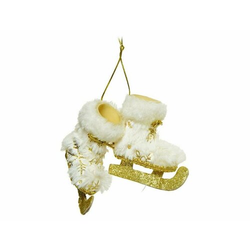 Ёлочная игрушка коньки-унты со снежинкой, полиэстер, белые, 7 см, Kaemingk (Decoris)