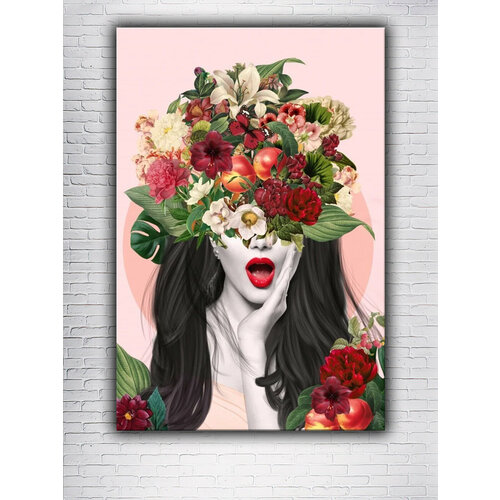 Картина/Картина на холсте/Картина на холсте для интерьера/Картина на стену/Картина в подарок для дома/- Девушка красные губы цветы персики 40х60