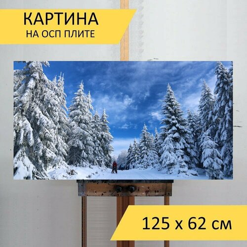 Картина на ОСП 125х62 см. "Горные лыжи, снег, деревья" горизонтальная, для интерьера, с креплениями