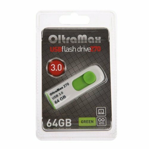 Флешка OltraMax 270, 64 Гб, USB3.0, чт до 70 Мб/с, зап до 20 Мб/с, зеленая (комплект из 2 шт)