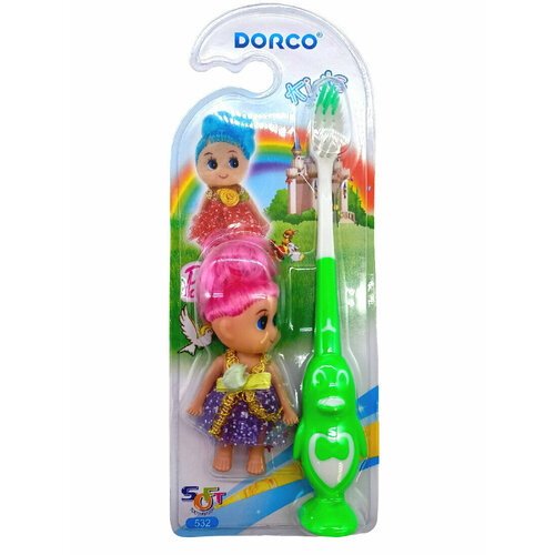 Зубная щетка Dorco / для девочек / с игрушкой куклой / зеленый