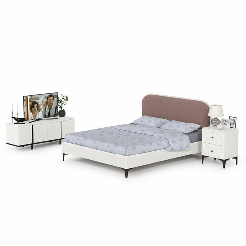 Комплект мебели для спальной комнаты Валенсия № 12, кровать с мягким изголовьем, цвет белый шагрень/чёрный