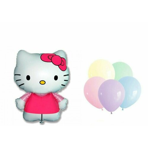 Набор шаров 9 латексных шаров и фольгированная фигура Hello Kitty Котёнок с бантиком,