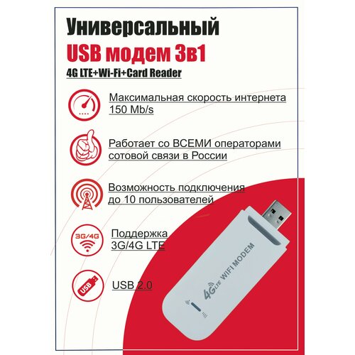 Модем Радиус Авто универсальный, USB, 4G LTE + WI-FI роутер 3 в 1