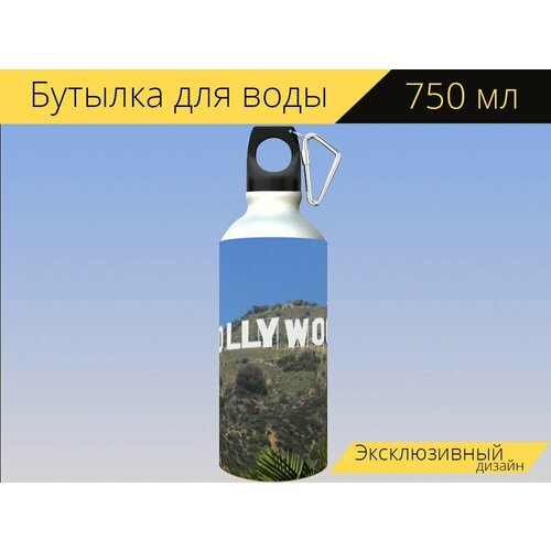 Бутылка фляга для воды "Голливуд, калифорния, лос анджелес" 750 мл. с карабином и принтом