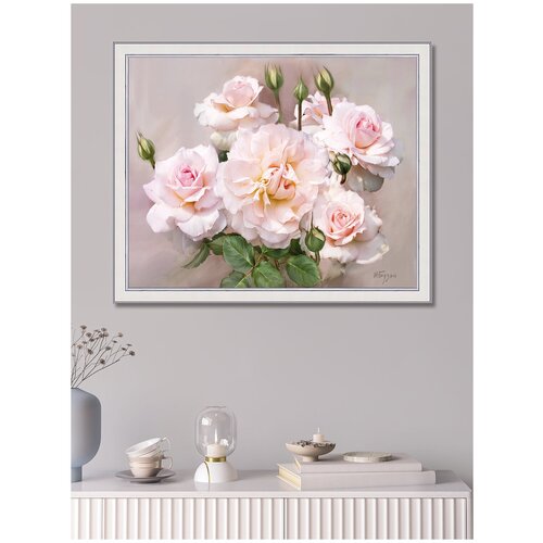 Картина для интерьера на стену "Розы Флорибунда", 47х57 см, на бумажном холсте, в раме, с цветами/Графис