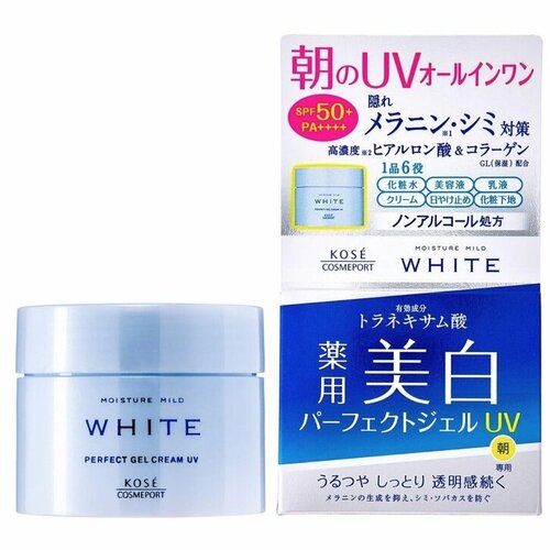 KOSE MOISTURE MILD WHITE Отбеливающий гель для лица с гиалуроновой кислотой и коллагеном SPF 50, банка 90 гр.