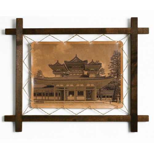 Картина Храм Хэйан-Дзингу, Япония, гравировка на натуральной коже, интерьерная для украшения и декора на стену в деревянной раме, подарок, BoomGift