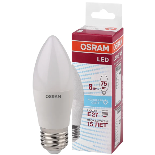 Лампа светодиодная OSRAM LED Star, 806лм, 9Вт, 4000К, нейтральный белый свет, E27, Свеча