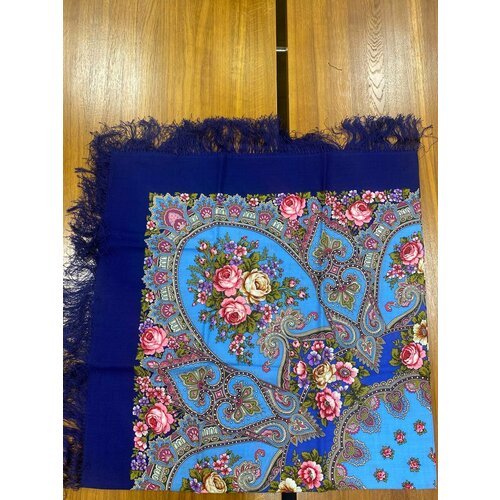 Платок-капюшон Павловопосадская платочная мануфактура,146х146 см, синий