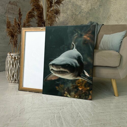 Картина на холсте (Акула плавает в аквариуме с рыбой во рту) 50x70 см. Интерьерная, на стену.
