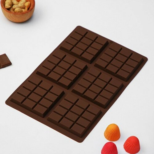 Форма для шоколада Доляна «Плитка», 27,2×17,6×1 см, 6 ячеек (7,5×7,5 см) , цвет коричневый