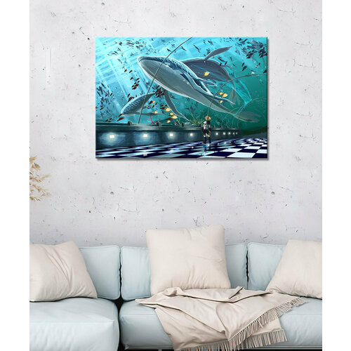 Картина - кит, арт, огромные киты, девочка и киты, киты в океанариуме, киты и рыбы (12) 20х30
