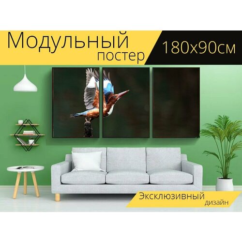 Модульный постер "Взлет, зимородок, птица" 180 x 90 см. для интерьера