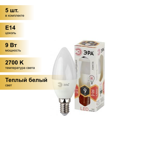 (5 шт.) Светодиодная лампочка ЭРА стандарт свеча B35 E14 9W(720lm) 2700K 2K 110x37 B35-9w-827-E14 6689