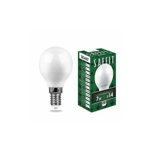 Светодиодная LED лампа Saffit шар G45 E14 7W(560lm) 6400K 6K матовая, пластик 80x45 SBG4509 55123 (упаковка 12 штук)