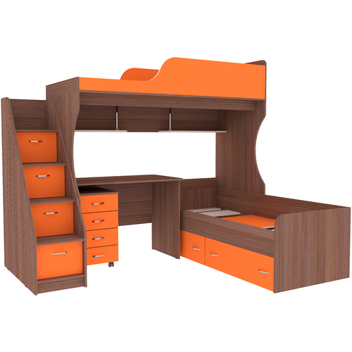 Двухъярусная кровать Дуэт-5 с лестницей комодом Бодего Темный Оранжевый