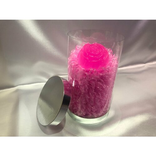 Набор для тела ручной работы в серебряной упаковке, мочалка полипропиленовая массажная и мыло глицериновое, розовая