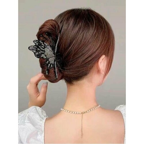 Крабик для волос бабочка металлическая средняя заколка для волос женская для девочек черная со стразами для пучка волос.