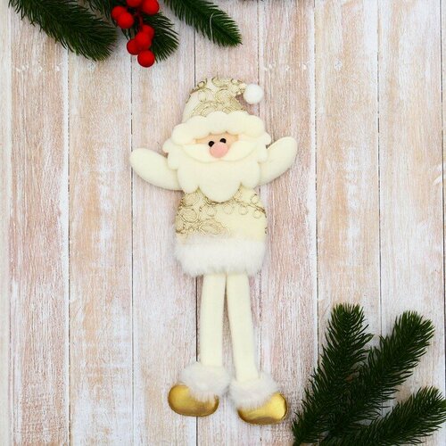 Мягкая подвеска Дед Мороз в костюмчике с цветами, длинные ножки 8х24 см, золото