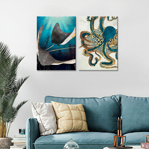 Картина интерьерная-Арт скаты и осьминогии (2 модуля-общий размер 55х80)