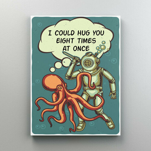 Интерьерная картина на холсте "Винтажный постер - осьминог и аквалангист" размер 45x60 см