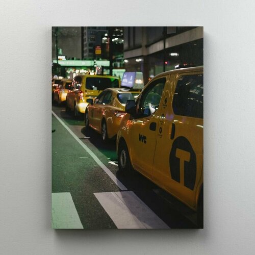 Интерьерная картина на холсте "Блестящие желтые машины такси на стоянке на улице ночью" размер 30x40 см